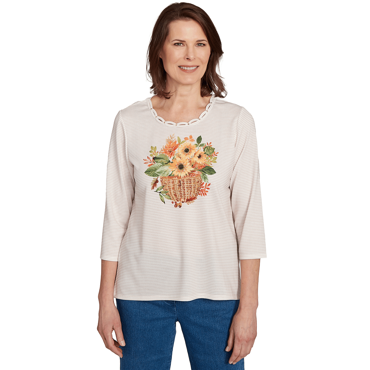 Alfred Dunner Petite Classic Harvest Basket Top - Oatmeal Multi
