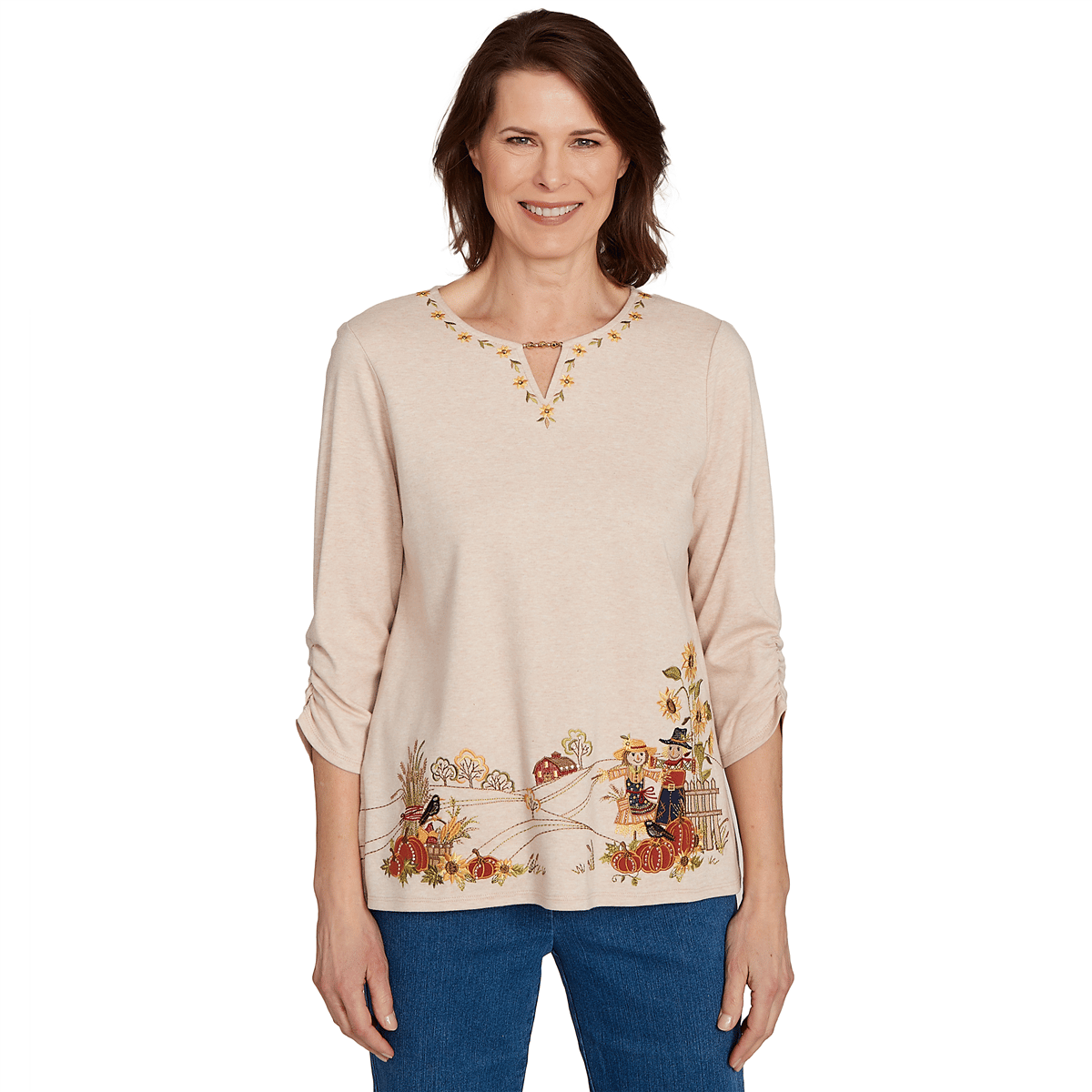 Alfred Dunner Petite Scarecrow Border Top - Oatmeal