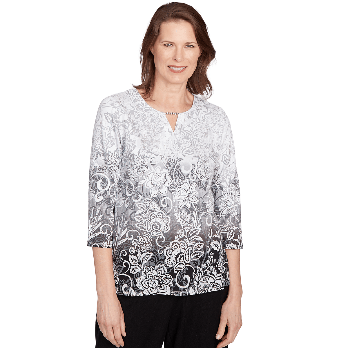 Alfred Dunner Petite Ombre Scroll Top - Gray