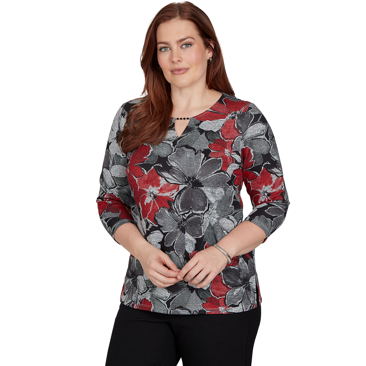 Alfred Dunner Womens Classic Textured Floral Split Neck Pocket Top - Black/Red