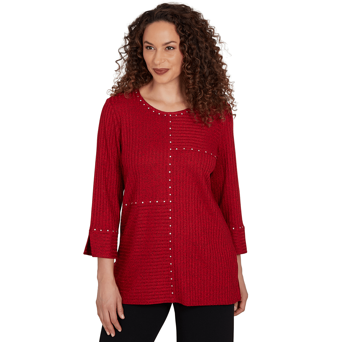 Alfred Dunner Womens Spliced Texture Metallic Studded Top - Red