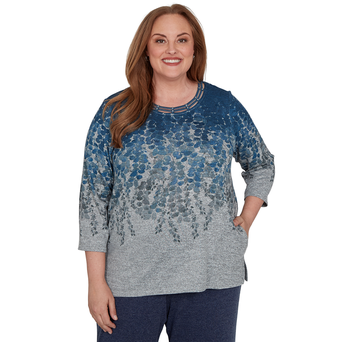 Alfred Dunner Plus Size Falling Leaves Pocket Knit Top - Denim