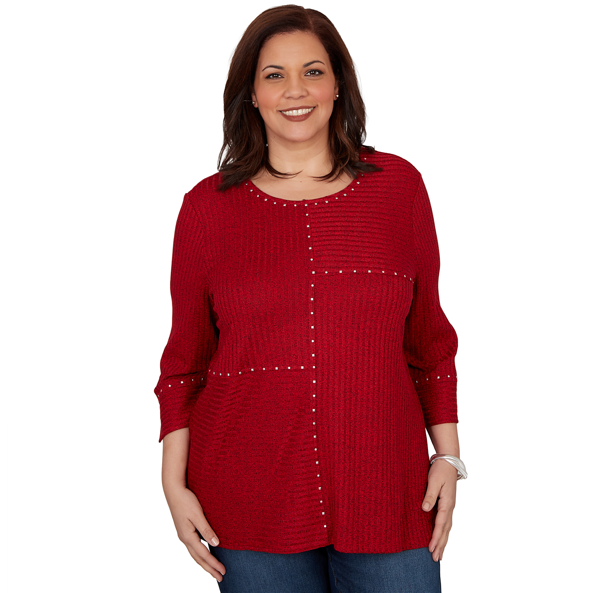 Alfred Dunner Plus Size Spliced Texture Metallic Studded Top - Black