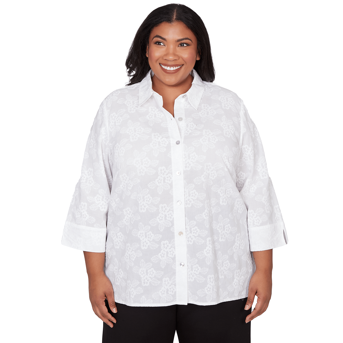 Alfred Dunner Plus Size Classic Collared Flower Embroidered Top - White