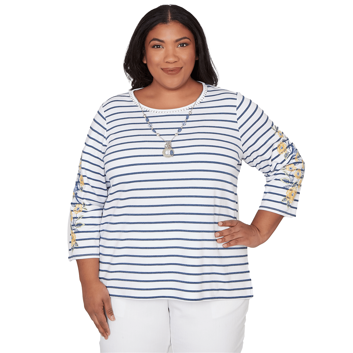 Alfred Dunner Plus Size Classic Floral Embroidered Stripe Top with Necklace - Navy