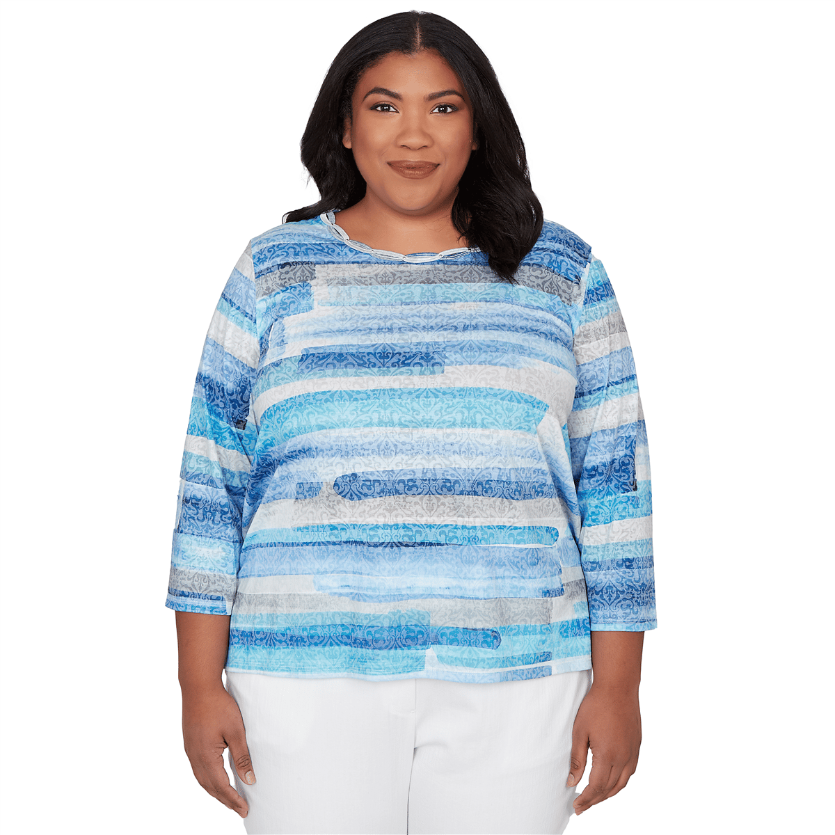 Alfred Dunner Plus Size Classic Brushstroke Biadere Embellished Neck Top - Blue