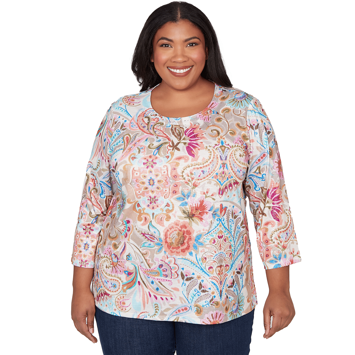 Alfred Dunner Plus Size Classic Paisley Floral Pleated Neck Top - Tan