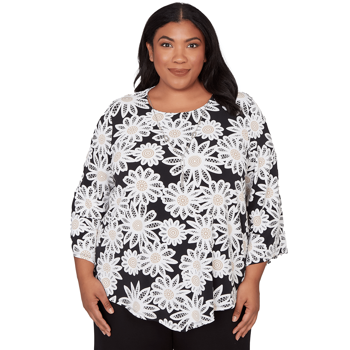 Plus Size Alfred Dunner Classics 3/4 Sleeve Daisy Floral Blouse