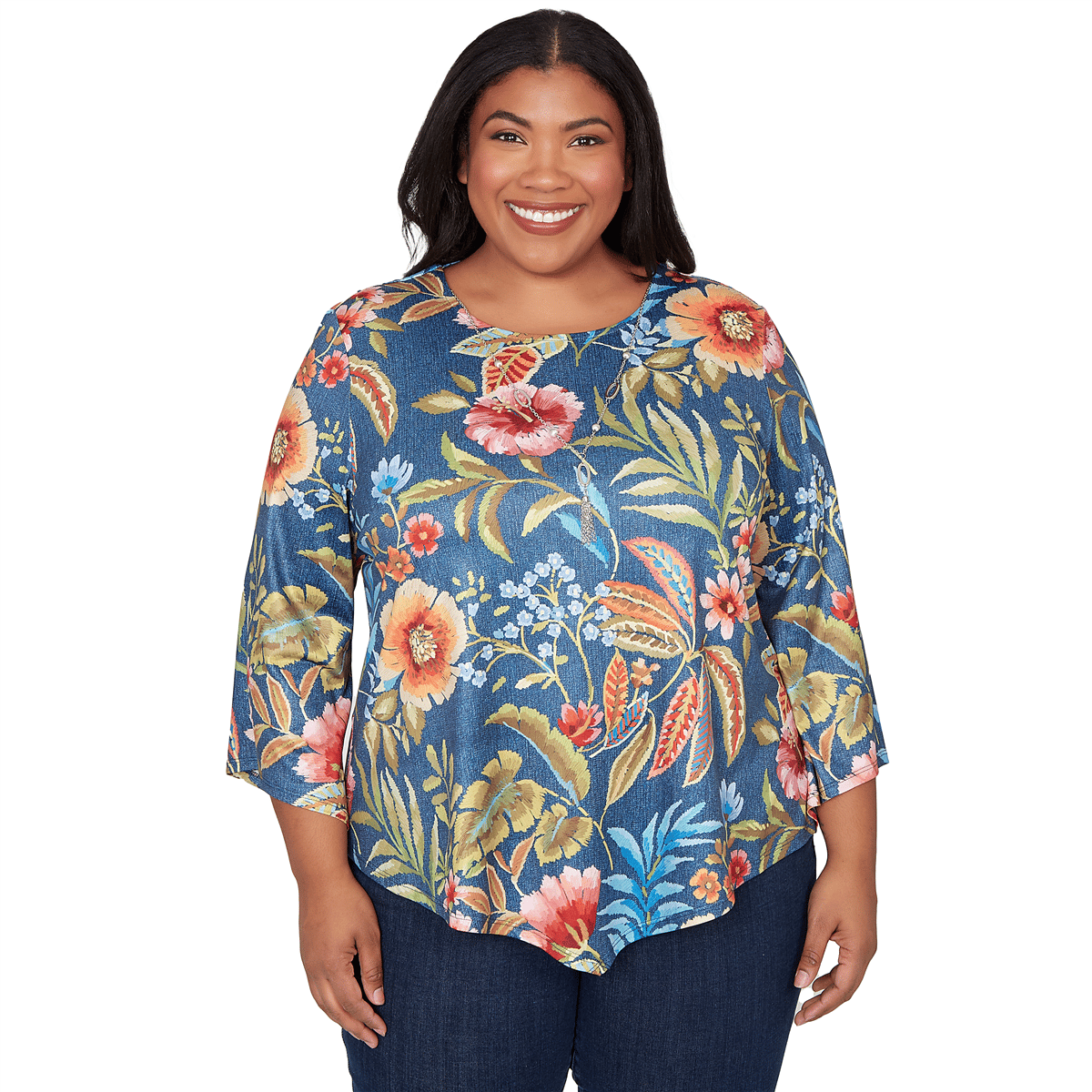 Alfred Dunner Plus Size Classic Floral Print Pointed Hem Top with Necklace - Denim