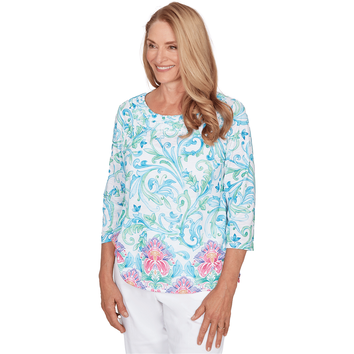 Click here for Petite Alfred Dunner Classics 3/4 Sleeve Scroll Fl... prices