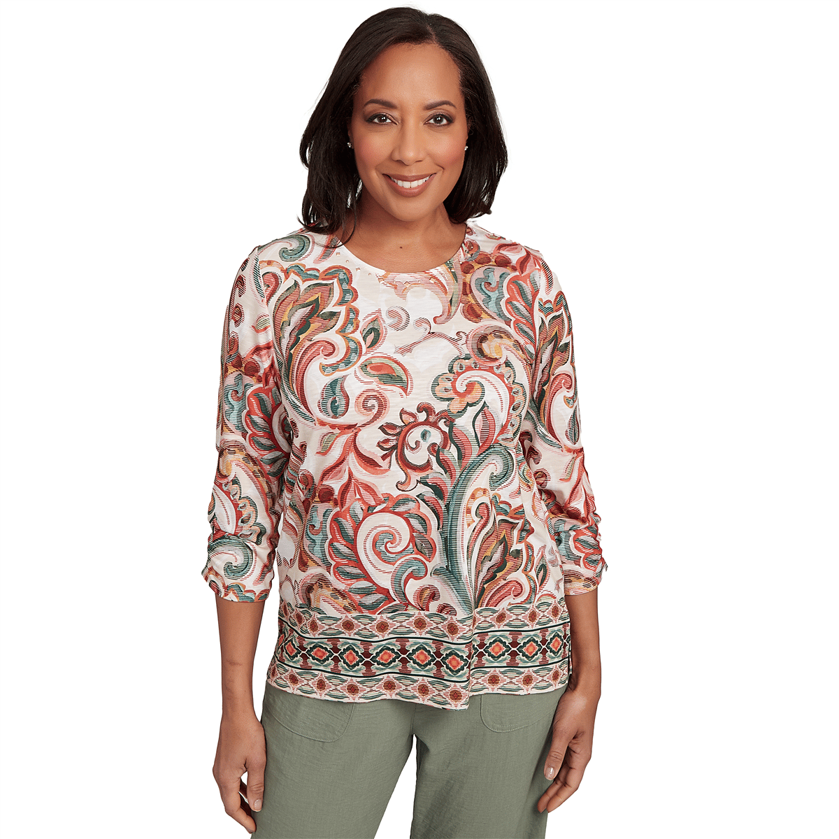 Alfred Dunner Womens Copper Canyon Textured Scroll Border Ruched Sleeves Top - Olive Multi