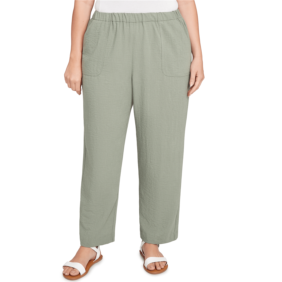 Alfred Dunner Plus Size Copper Canyon Patch Pocket Short Length Elastic Waistband Pants - Olive