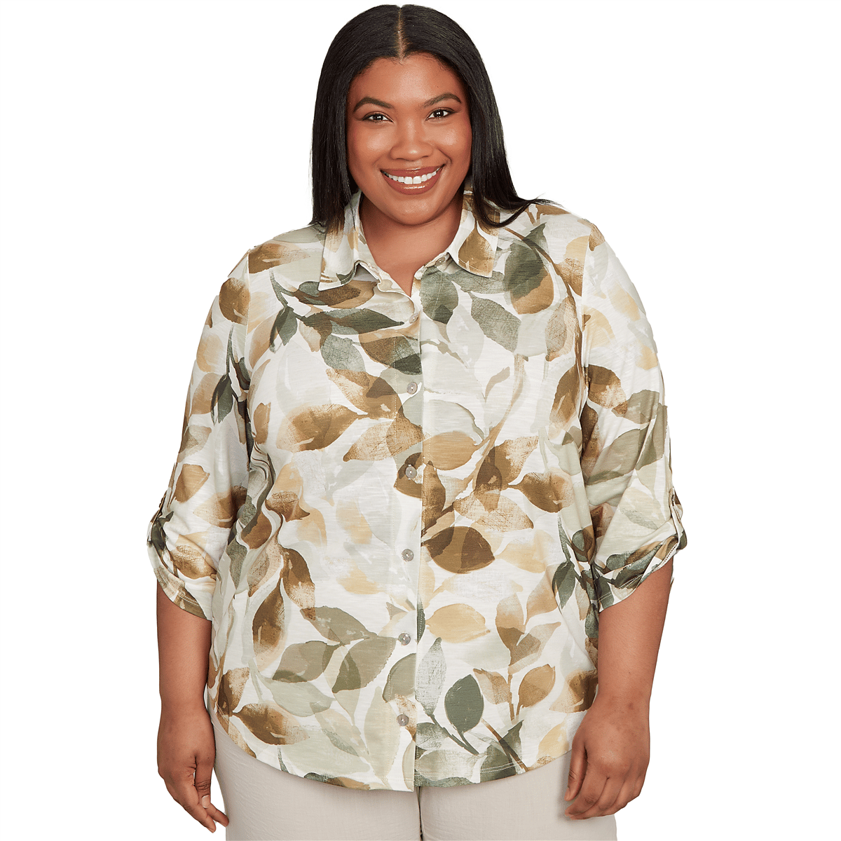 Click here for Plus Size Alfred Dunner Copper Canyon Roll Tab Lea... prices