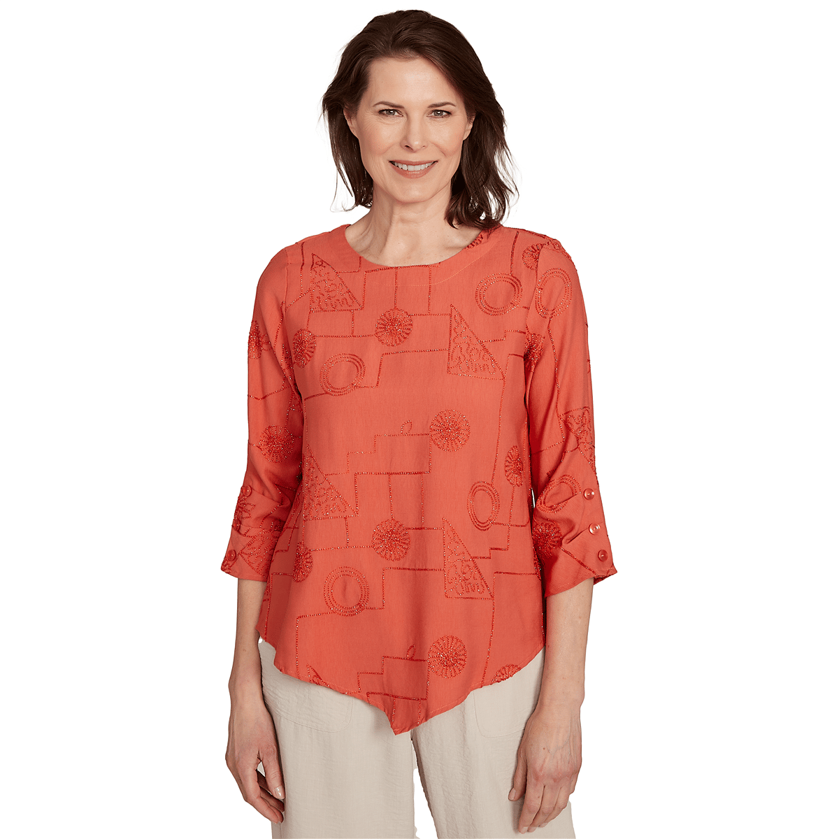 Alfred Dunner Petite Copper Canyon Metallic Embroidered Geometric Top - Papaya