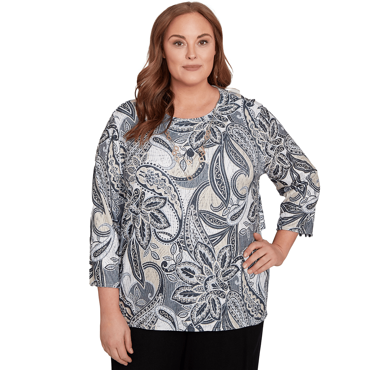 Alfred Dunner Plus Size Santa Barbara Reversible Paisley Top With Necklace - Black Multi