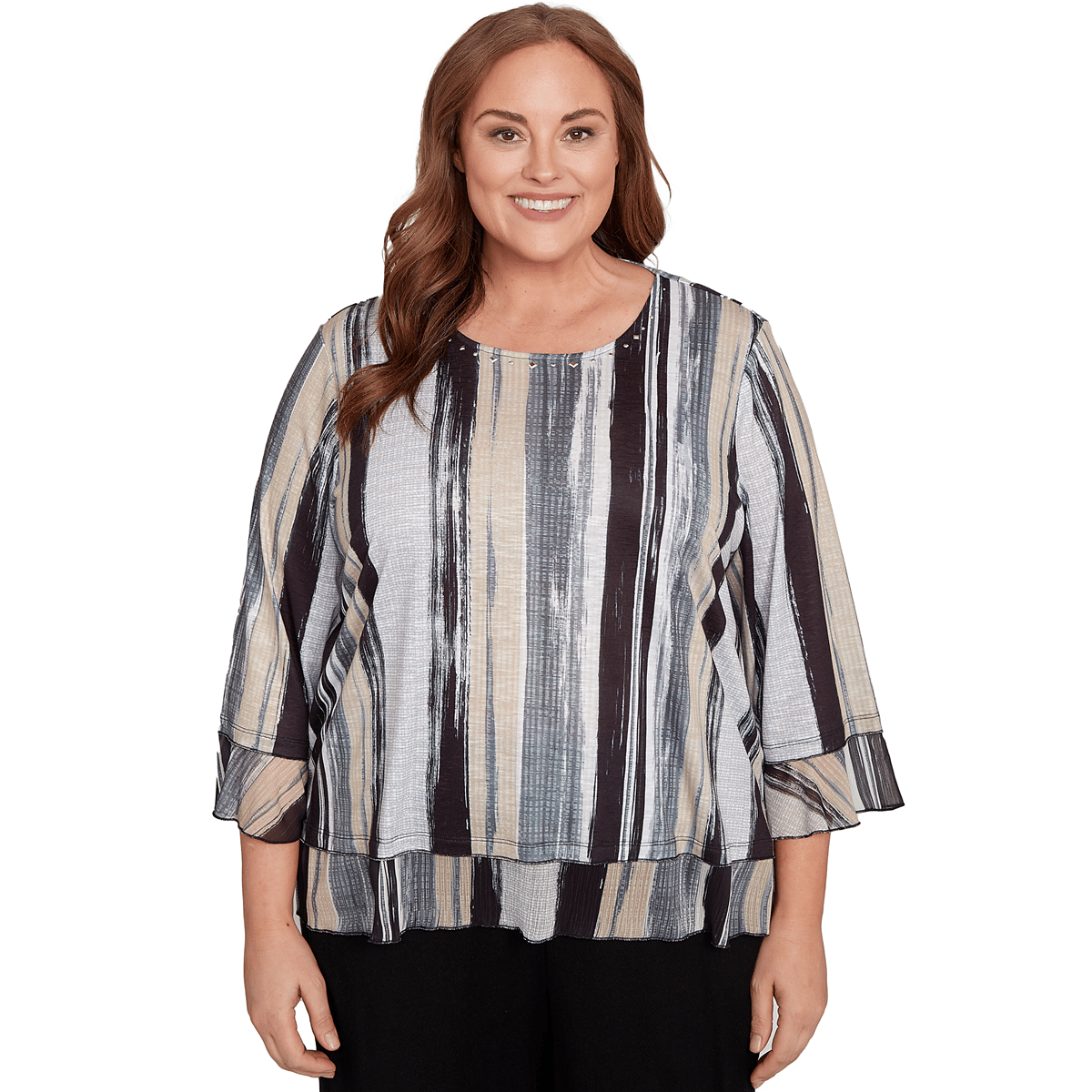 Alfred Dunner Plus Size Santa Barbara Etched Stripe Bell Sleeve Top - Black Multi