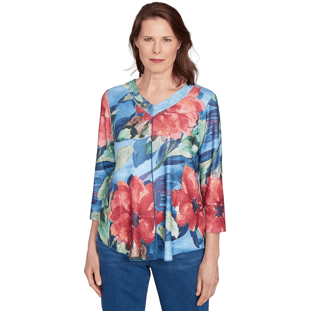 Alfred Dunner Womens El Paso Dramatic V-Neck Floral Top - Blue Multi