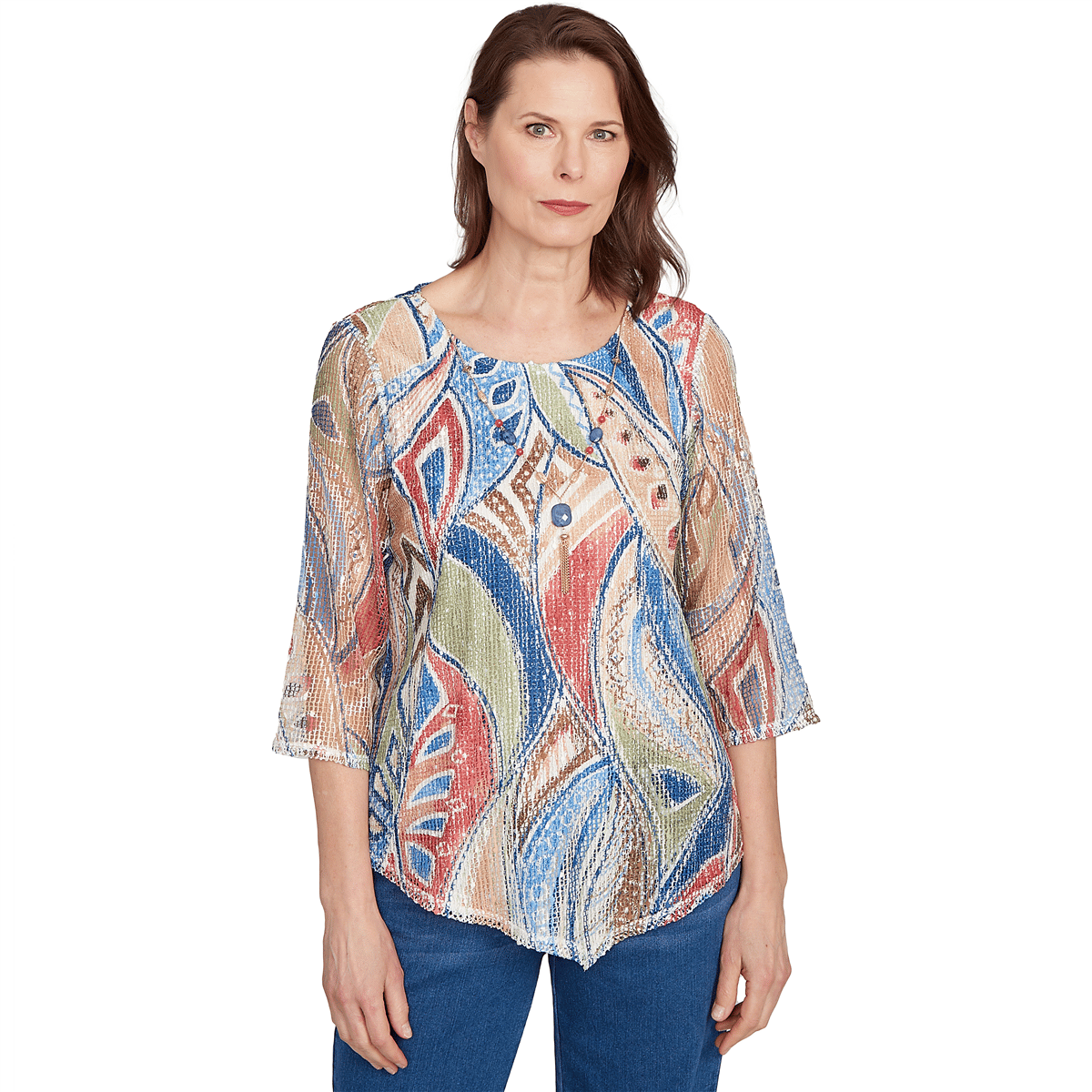 Alfred Dunner Womens El Paso Printed Leaf Textured Top with Necklace - Blue Multi