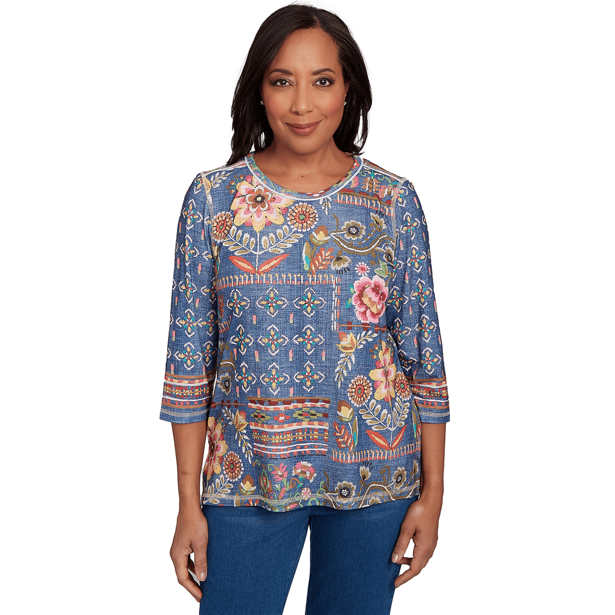 Alfred Dunner Womens El Paso Mixed Pattern Floral Patch Top - Blue Multi