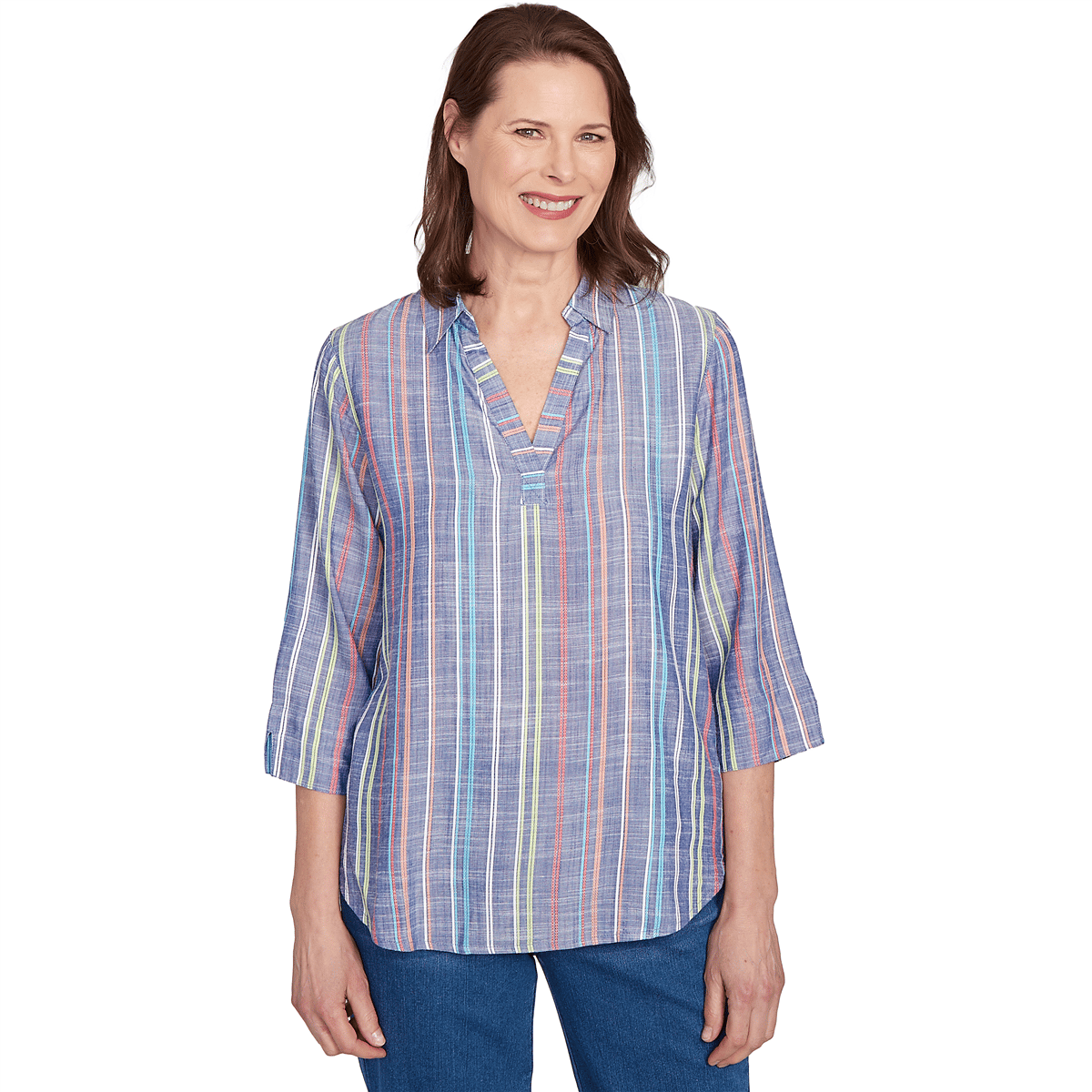 Alfred Dunner Petite El Paso Textured Multi Stripe Collared Top - Blue Multi