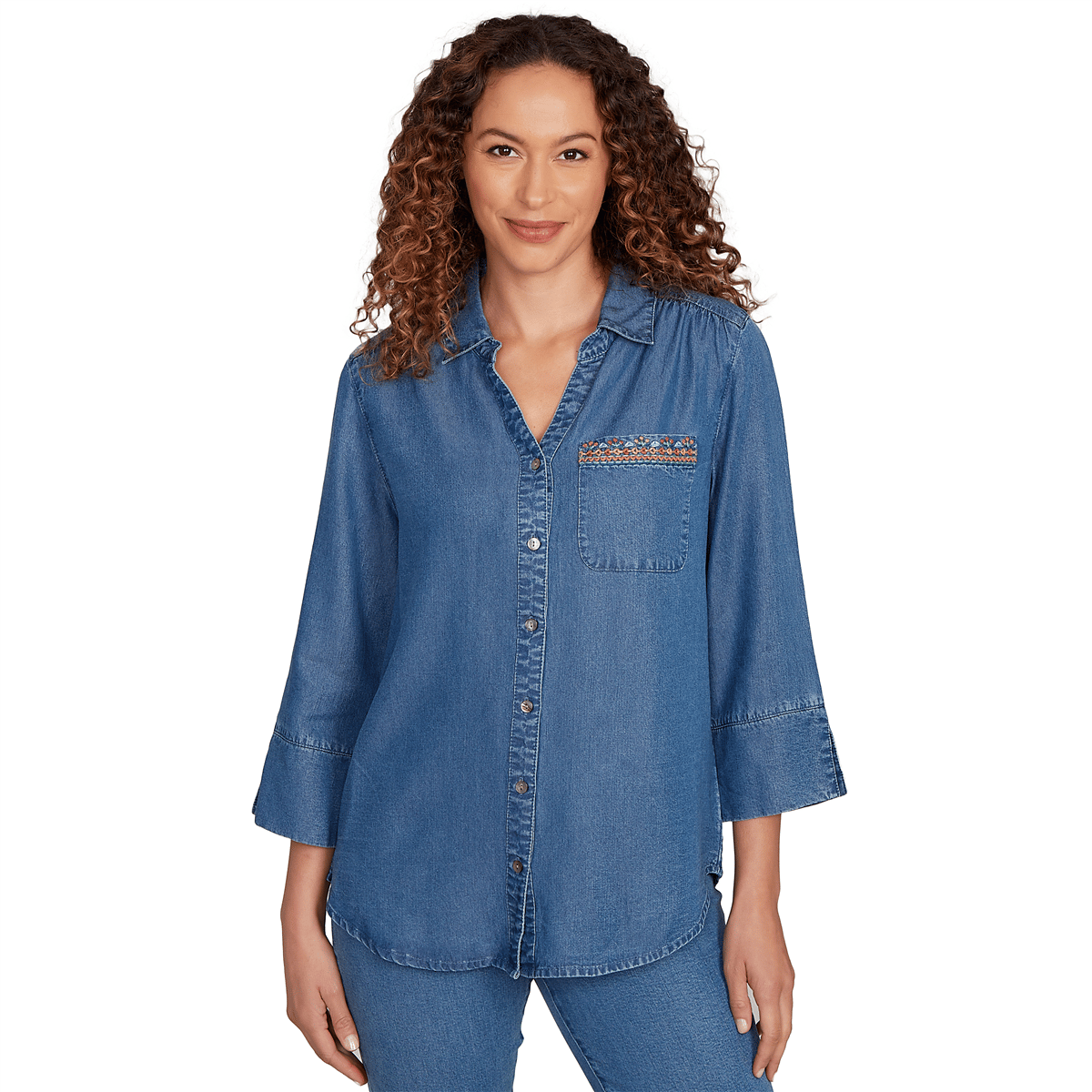 Alfred Dunner Petite El Paso Embroidered Butterfly Button Front Top - Blue