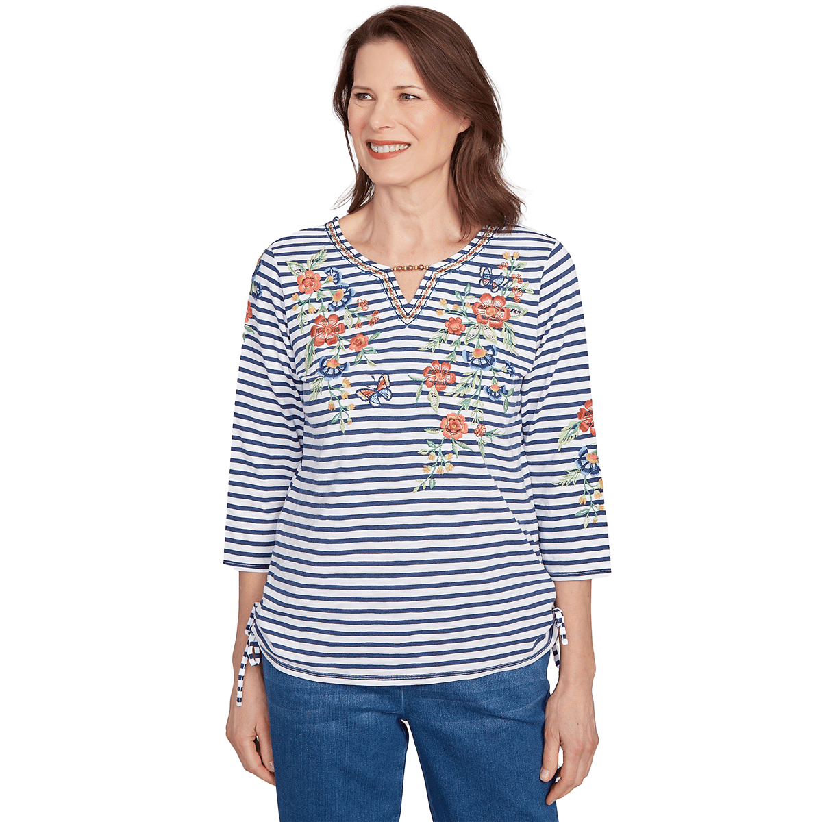Alfred Dunner Petite El Paso Floral Stripe Ruched Sides Top - Blue Multi