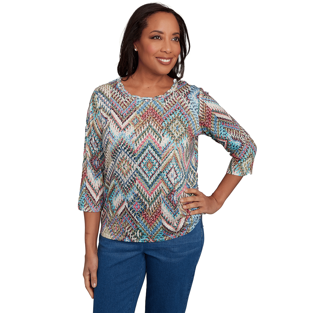Petite Alfred Dunner El Paso Chevron Diamond Neckline Blouse