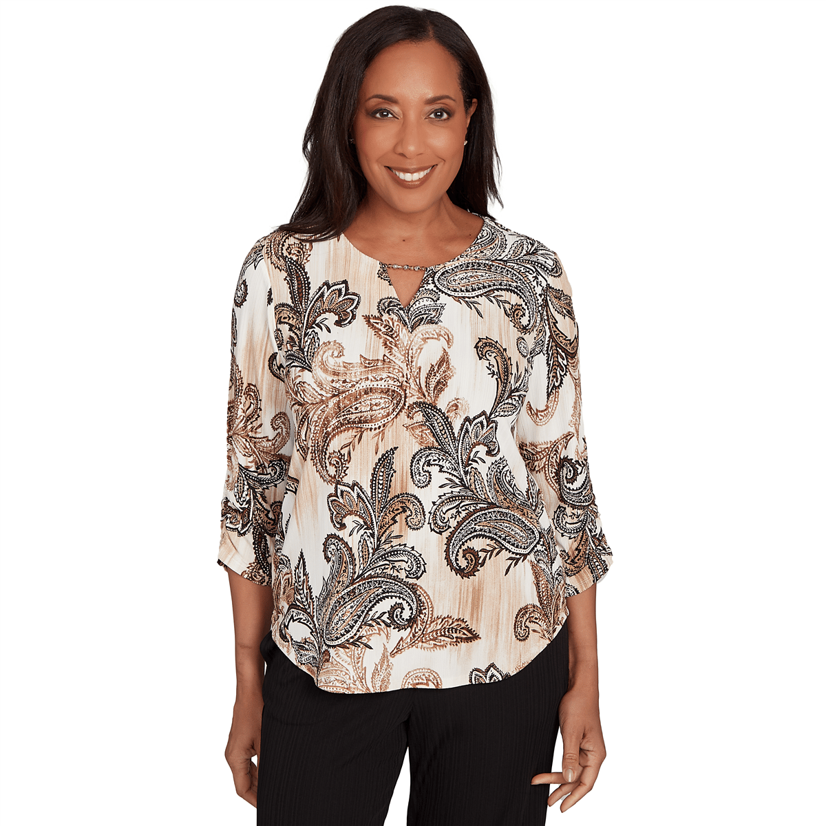 Womens Alfred Dunner Business As Usual Paisley Ruch Sleeve Blouse