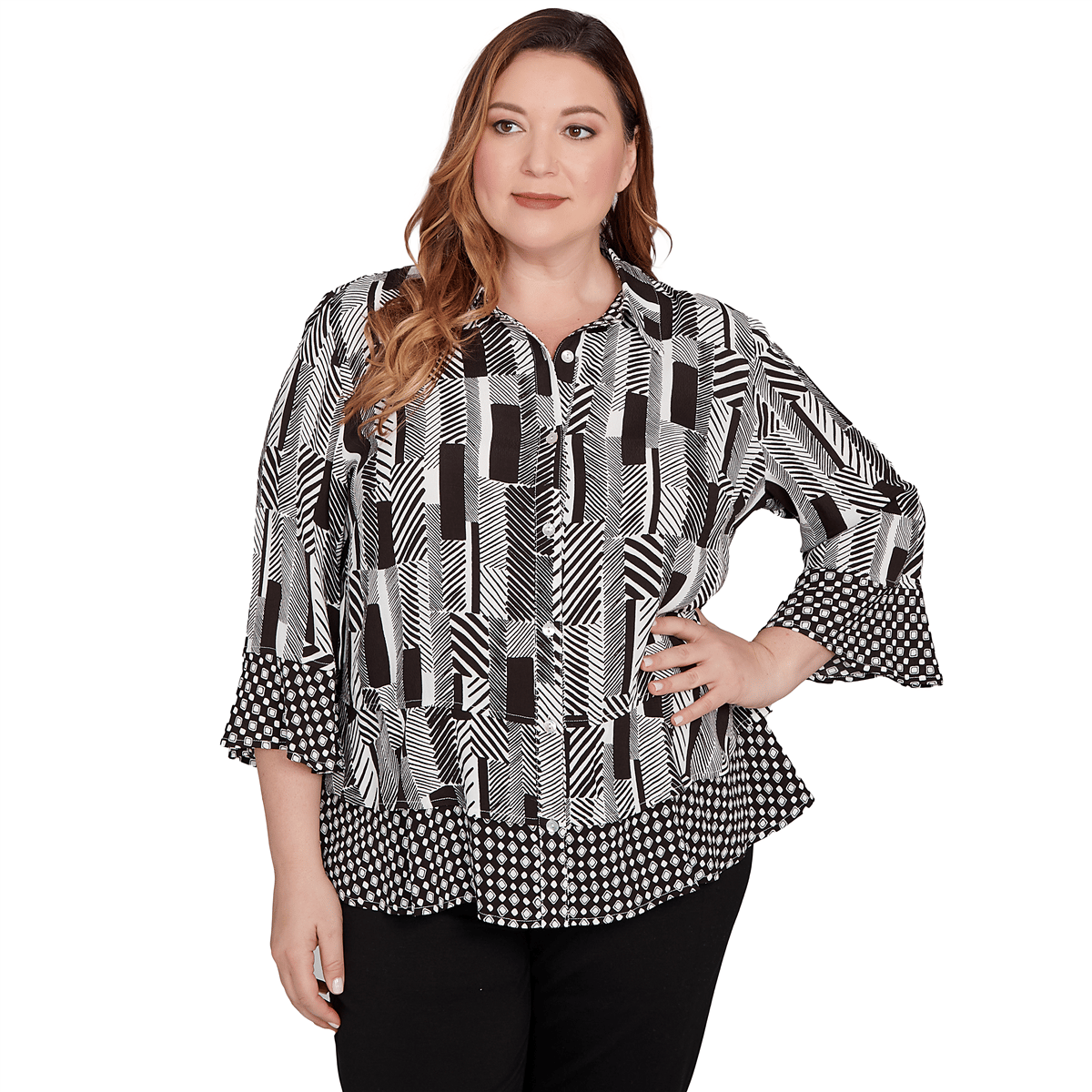 Alfred Dunner Plus Size As Usual Woven Zebra Button Front Top - Black/White