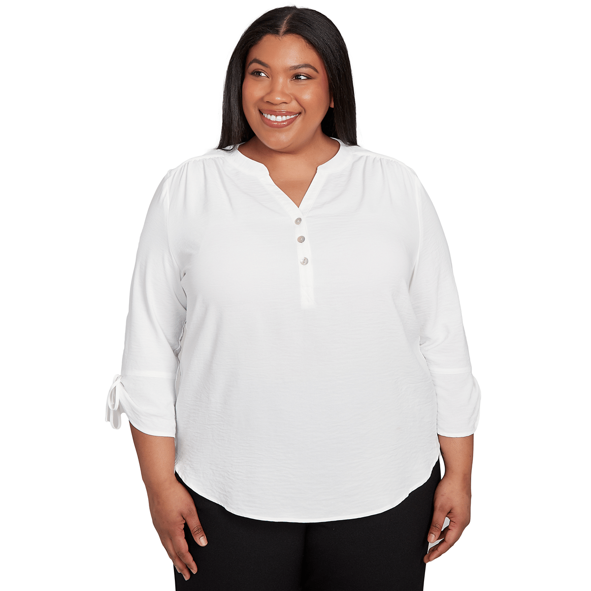 Alfred Dunner Plus Size As Usual Tie Sleeve Crinkle Textured Henley Top - Ivory