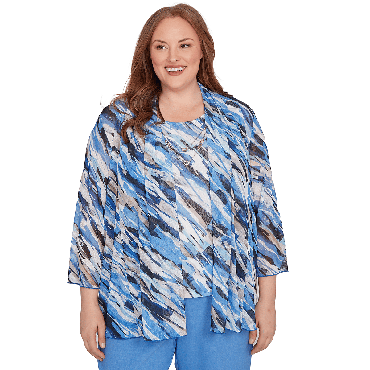 Alfred Dunner Plus Size Textured Mesh Printed Two in One Top with Necklace - Blue Multi