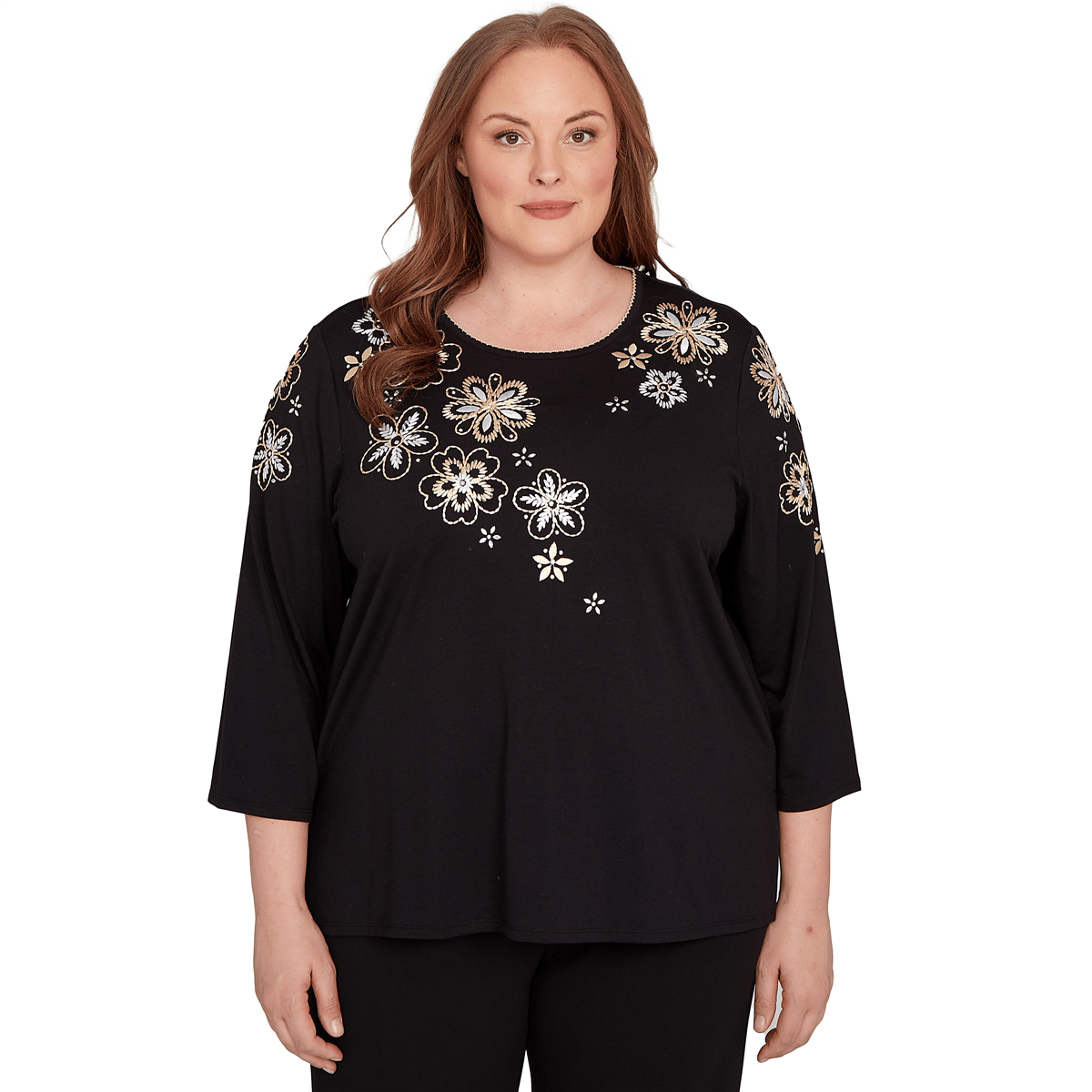 Alfred Dunner Plus Size As Usual Gold Floral Embroidered Three Quarter Sleeve Top - Black