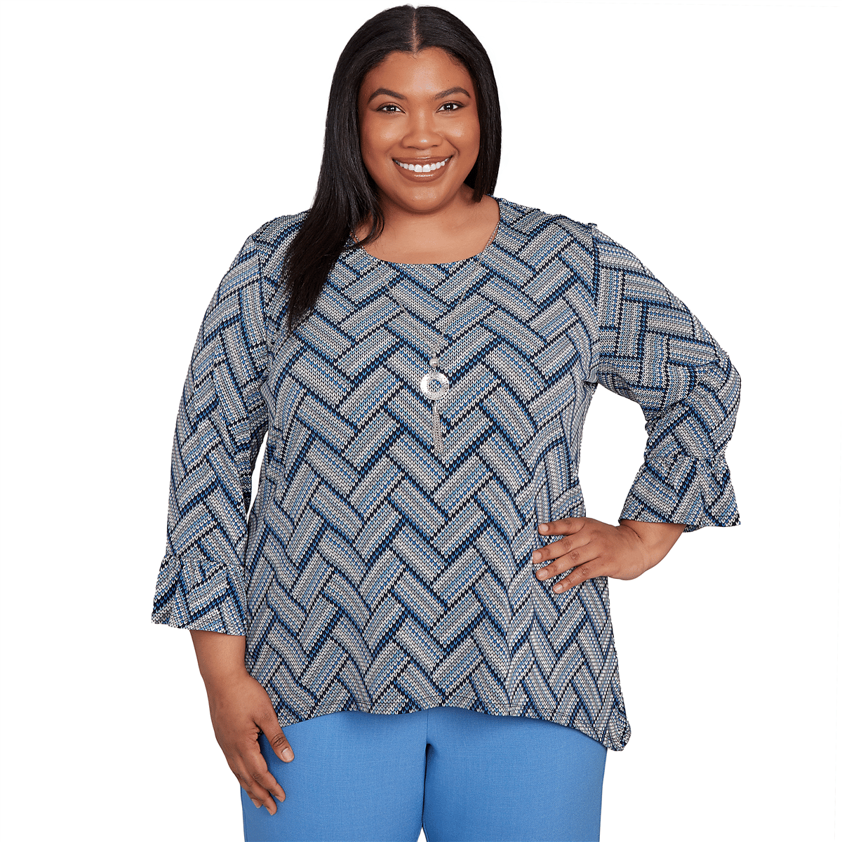 Alfred Dunner Plus Size As Usual Chevron Textured Knit Top with Necklace - Blue Multi