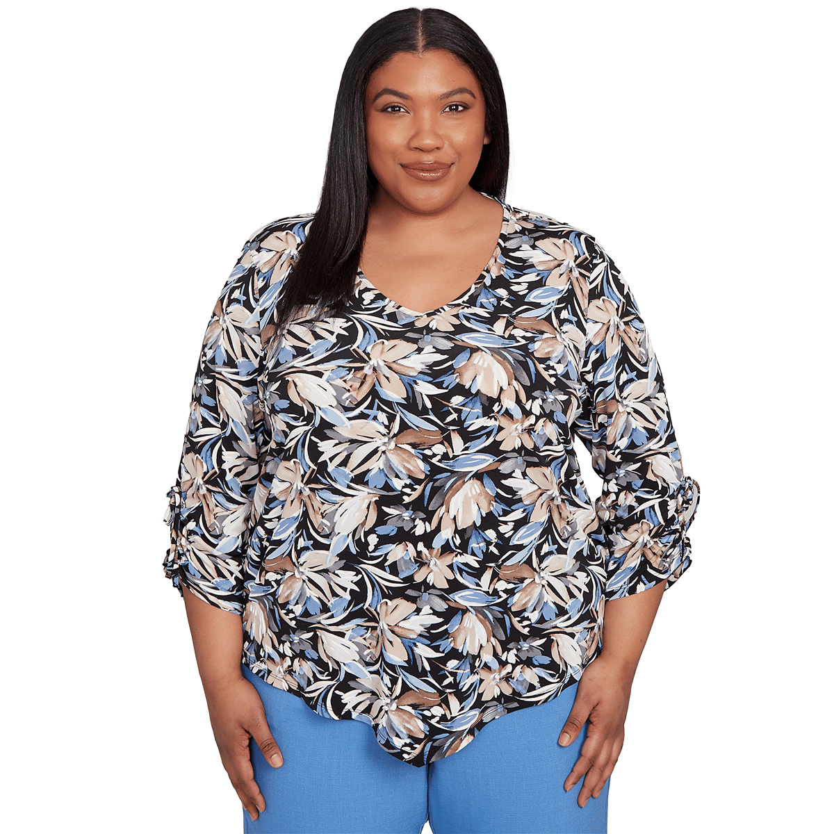 Alfred Dunner Plus Size As Usual Tie Sleeve Brushstroke Floral Knit Top - Black Multi