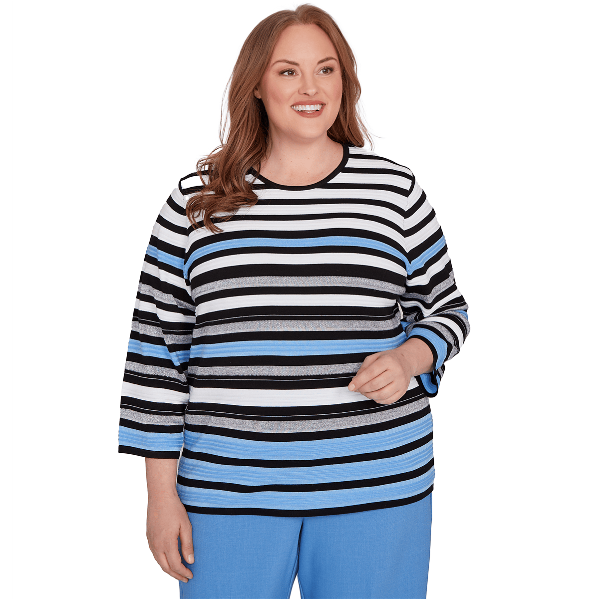 Alfred Dunner Plus Size As Usual Textured Stripe Sweater with Necklace - Black Multi