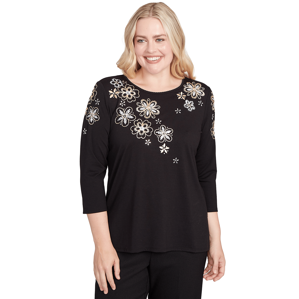 Alfred Dunner Petite Gold Floral Embroidered Three Quarter Sleeve Top - Black