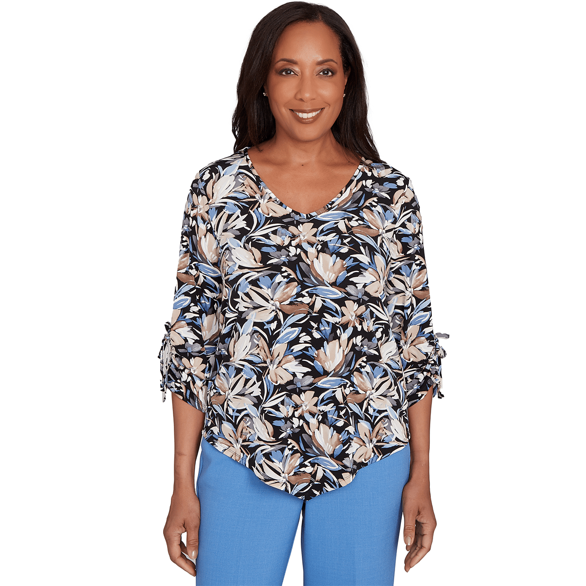 Alfred Dunner Petite Tie Sleeve Brushstroke Floral Knit Top - Black Multi