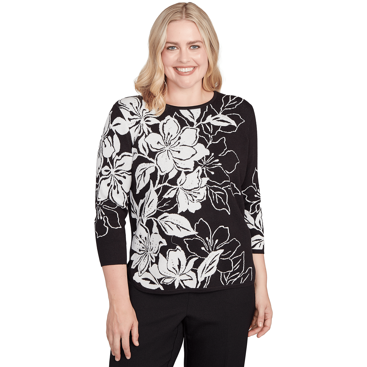 Alfred Dunner Petite Dramatic Floral Jacquard Sweater - Black  White