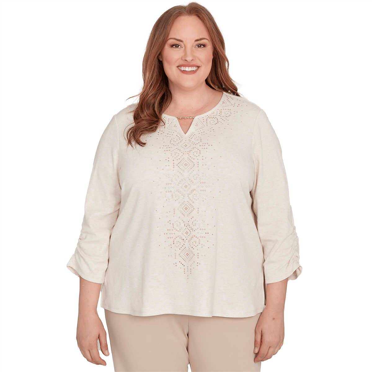 Alfred Dunner Plus Size Urban Legend Center Embellished V-Neck Top - Stone
