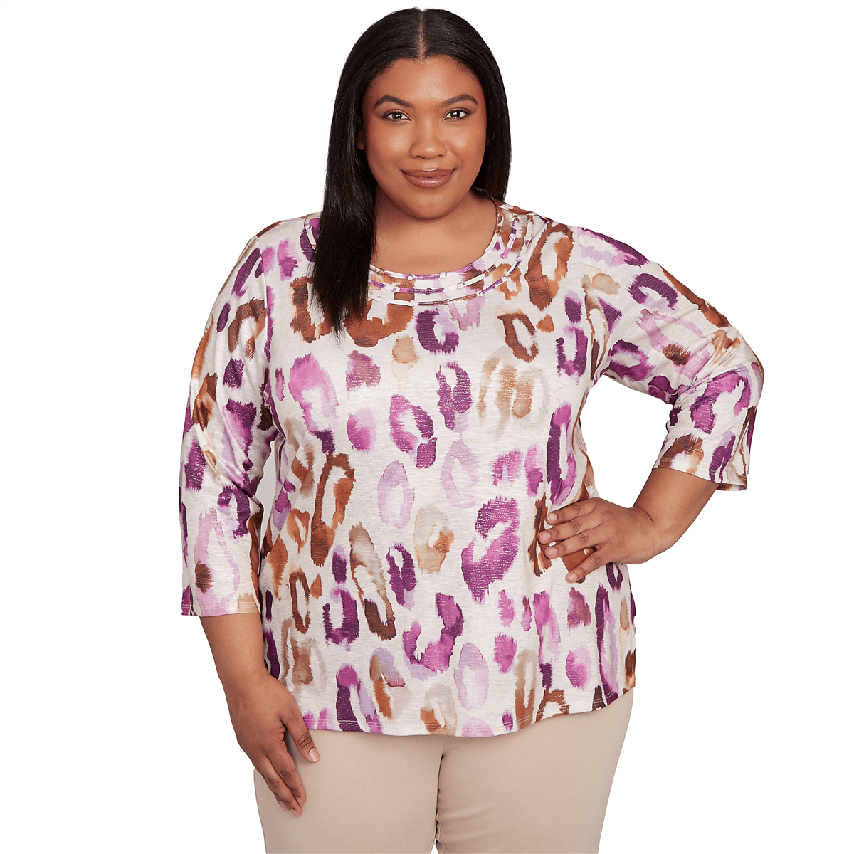 Alfred Dunner Plus Size Urban Legend Dramatic Animal Three Quarter Sleeve Top - Oatmeal Multi