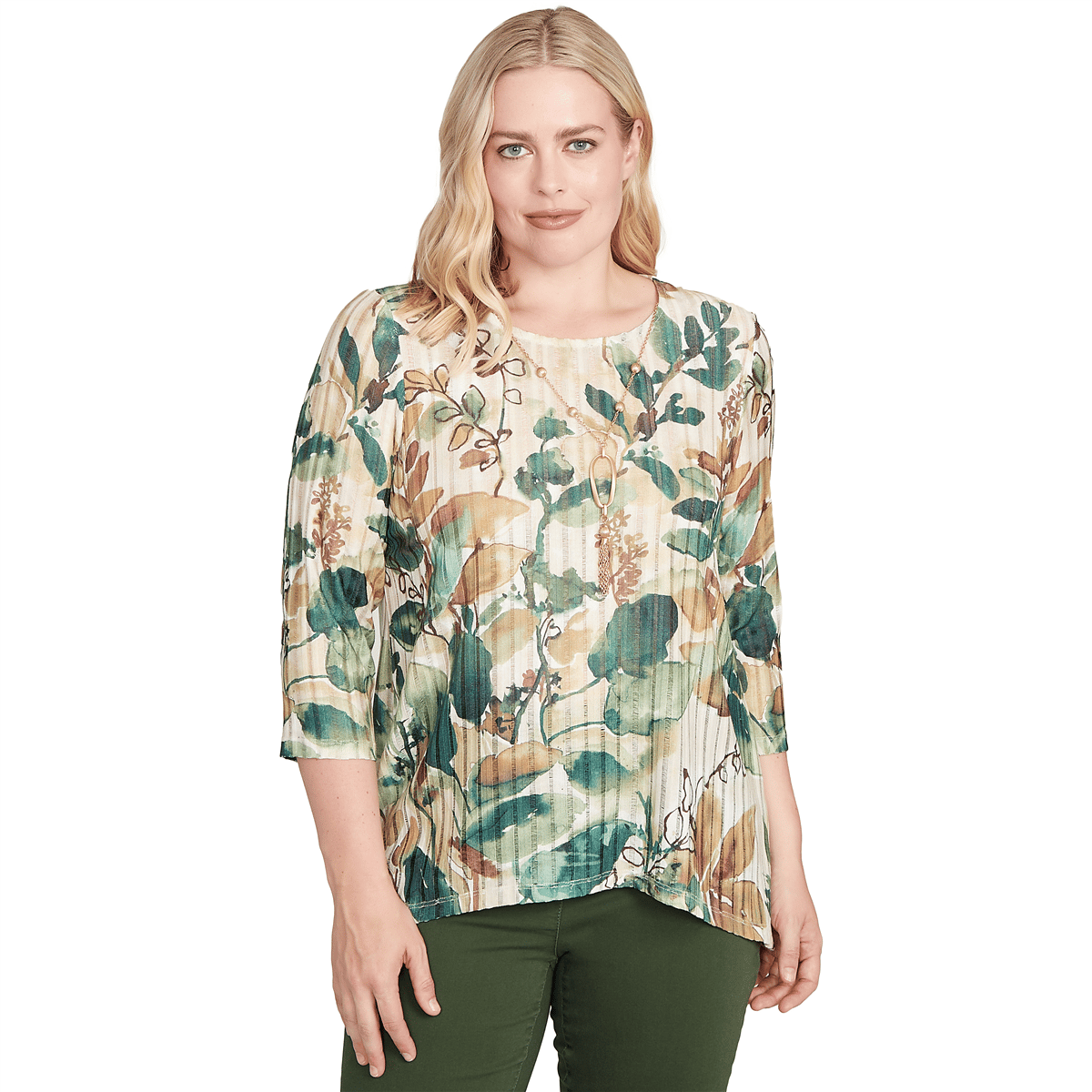 Alfred Dunner Petite Abstract Leaf Hem Top - Green