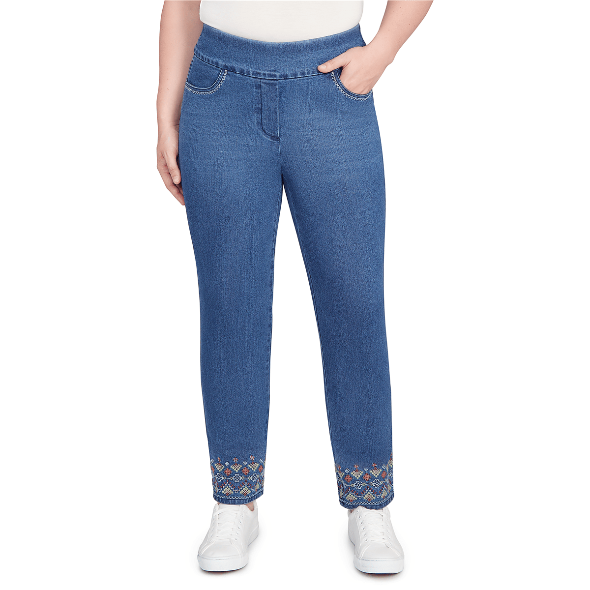 Alfred Dunner Womens Sunset Canyon Super Stretch Geometric Denim Ankle Pants - Medium Indigo