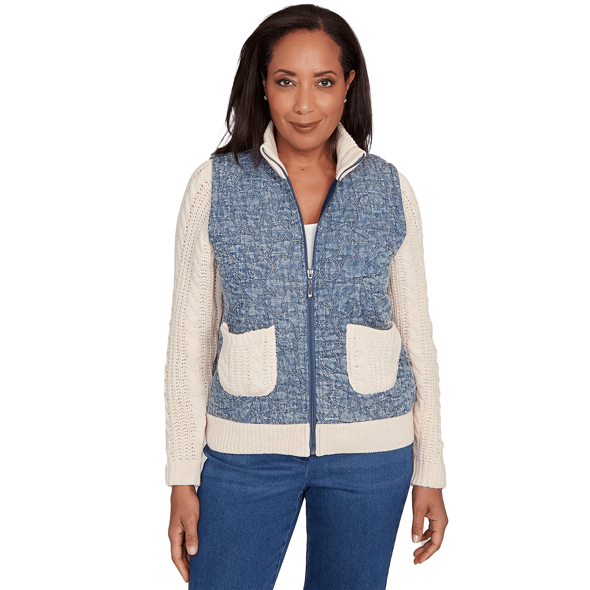 Alfred Dunner Womens Sunset Canyon Sweater Ribbed Quilted Jacket - Blue