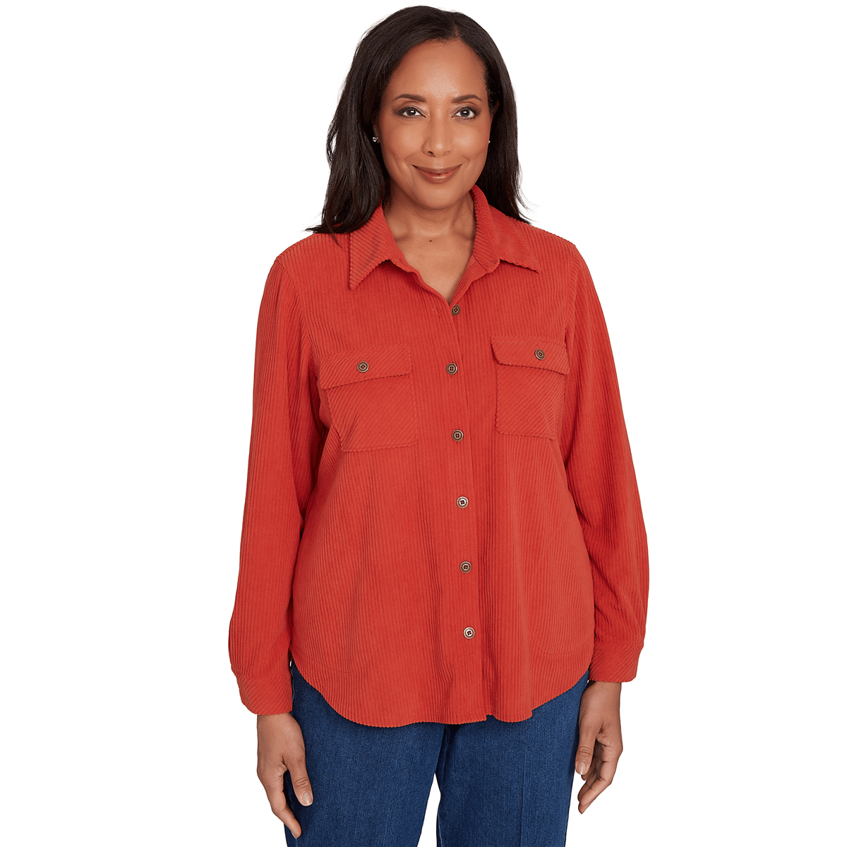 Alfred Dunner Womens Sunset Canyon Plush Ribbed Oversized Button Front Top - Spice