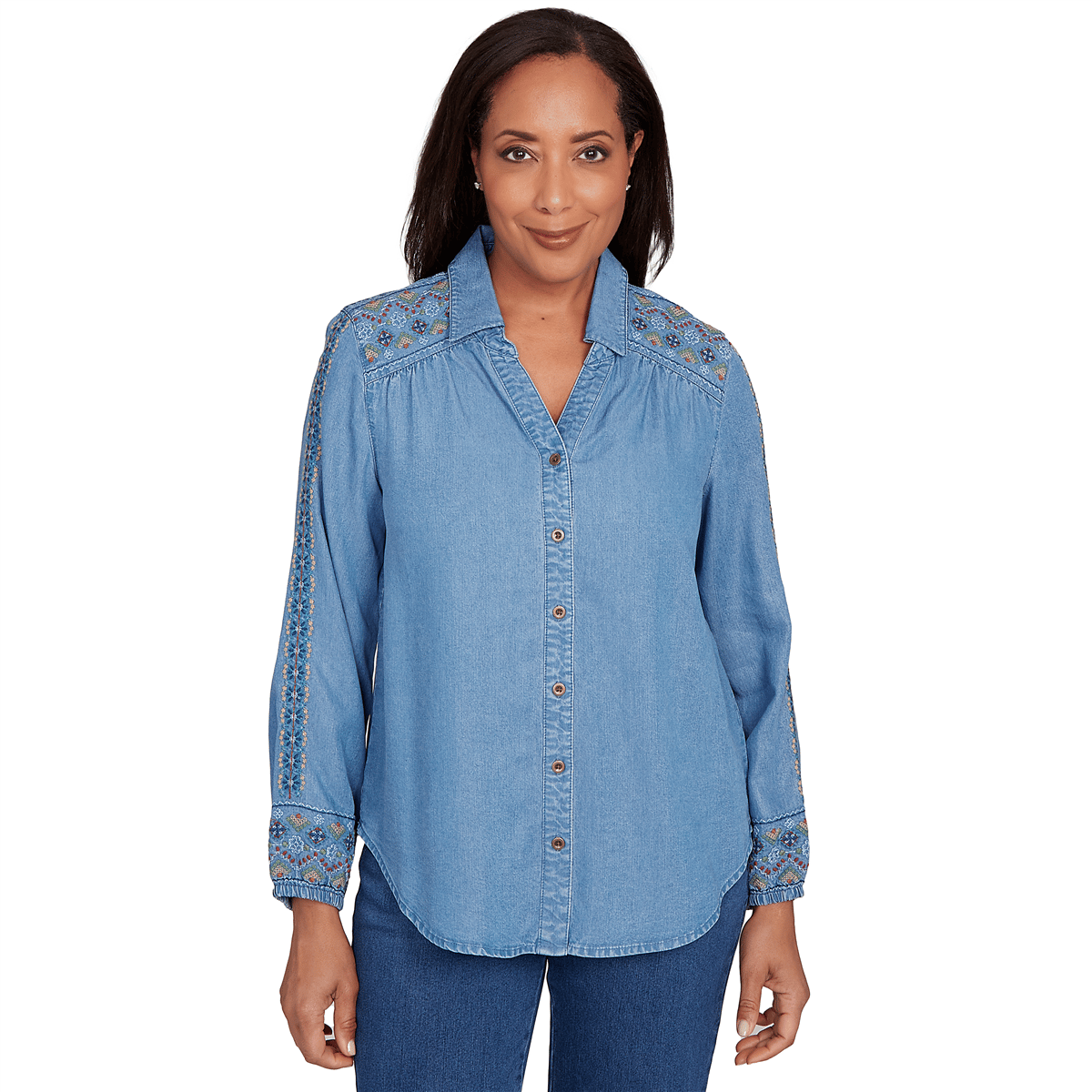 Alfred Dunner Womens Sunset Canyon Needlepoint Embroidered Button Front Top - Blue