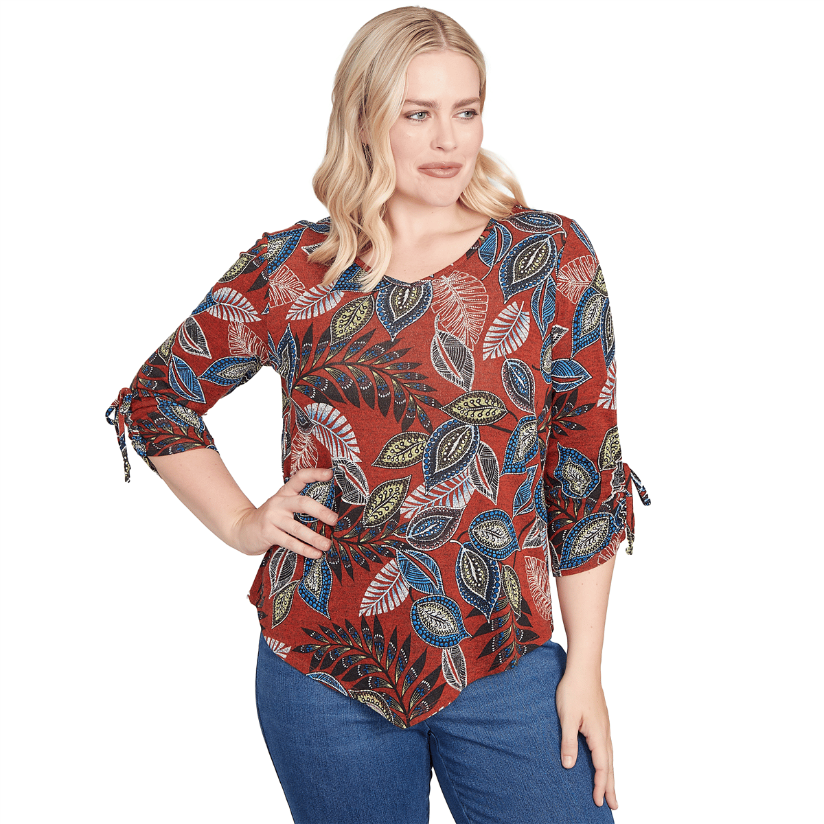 Alfred Dunner Womens Sunset Canyon Batik Leaves Melange Asymmetrical Top - Spice Multi
