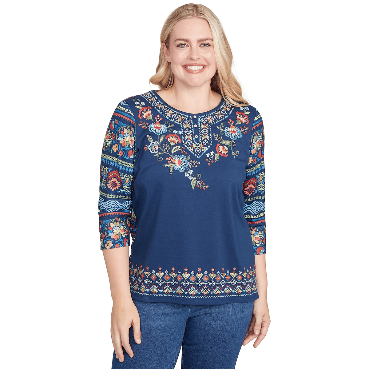 Alfred Dunner Womens Sunset Canyon Printed Sleeve Floral Embroidered Top - Navy