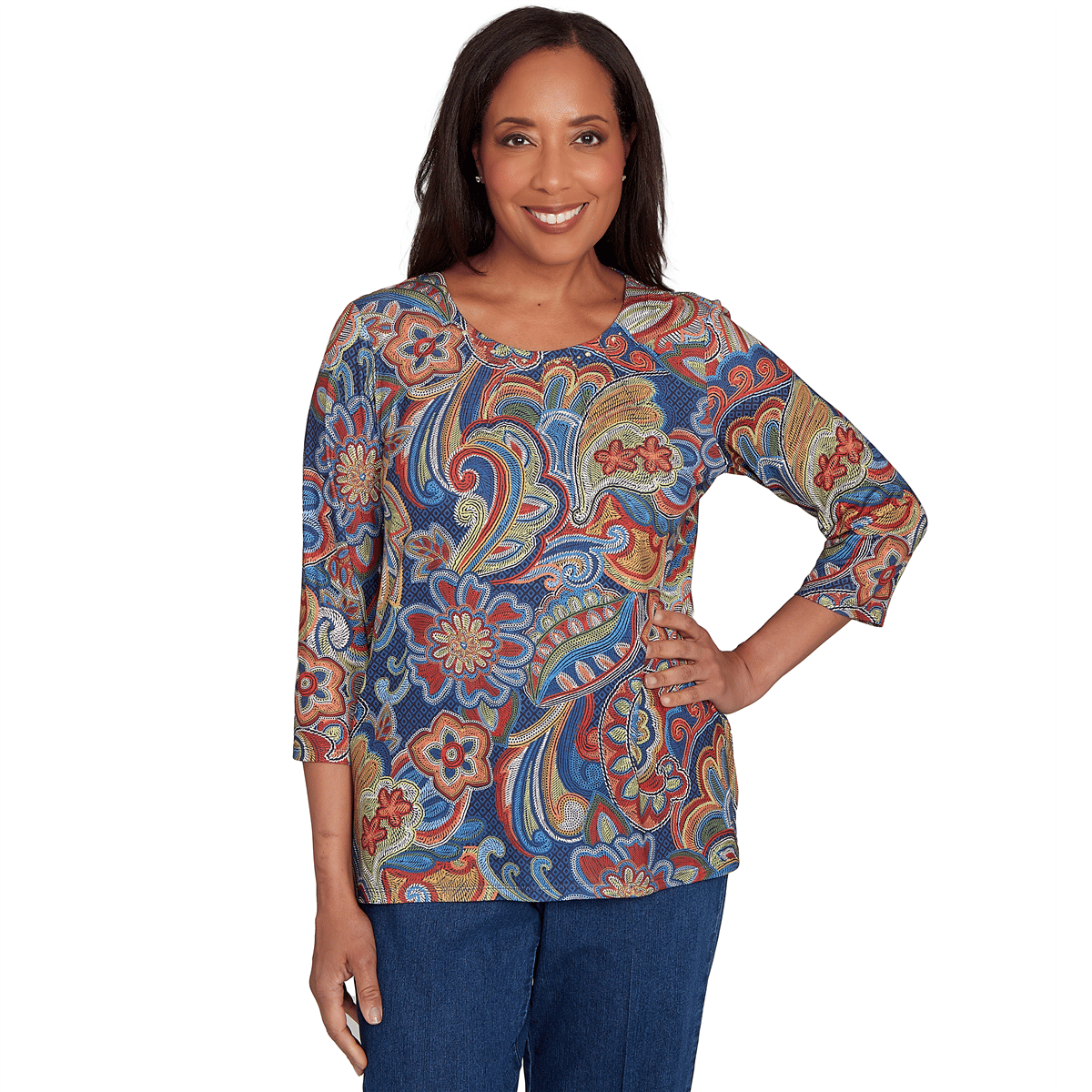 Alfred Dunner Womens Sunset Canyon Stitched Floral Pleated Neck Top - Blue multi