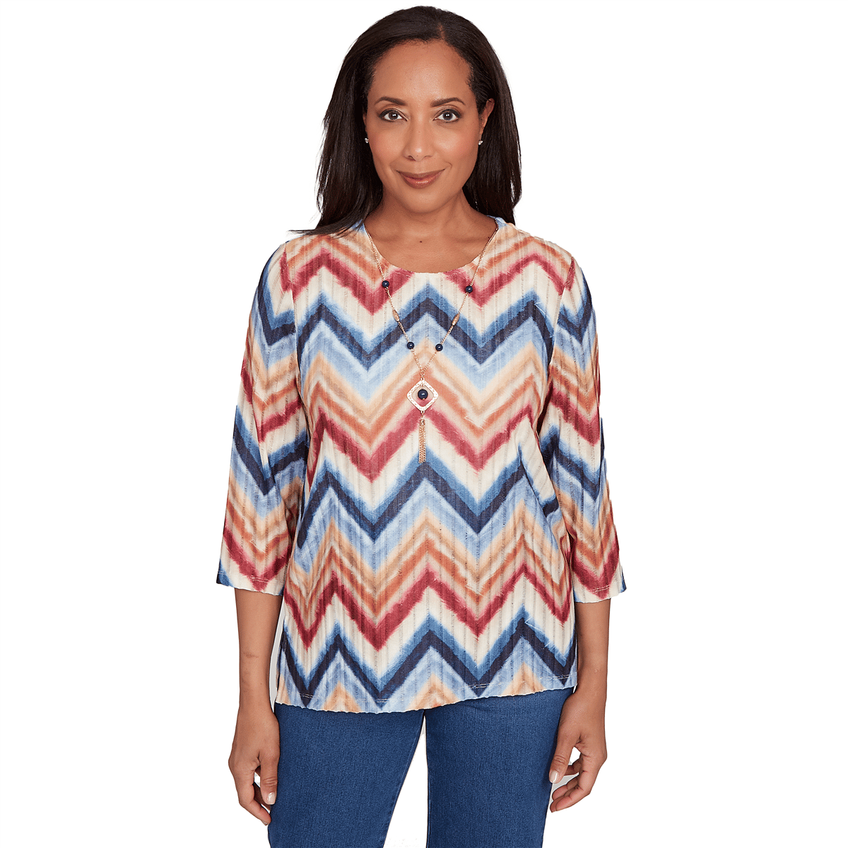 Alfred Dunner Womens Sunset Canyon Textured Knit Chevron Top with Necklace - Blue Multi