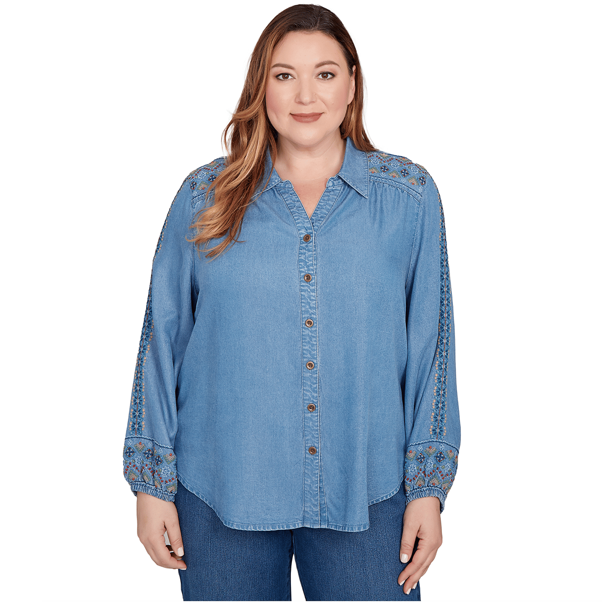 Alfred Dunner Plus Size Sunset Canyon Needlepoint Embroidered Button Front Top - Blue